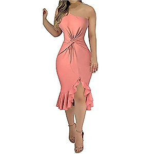 Maxi Dresses for Women,2023Spring Summer Sexy One Shoulder Sleeveles Satin Cocktail Dresses, Trendy Ruched Bodycon Ruffle Dresses, Sexy Guest Party Evening Dresses(Pink,L)