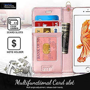 FYY Case for iPhone 6 Plus/6s Plus, PU Leather Wallet Phone Case with Card Holder Flip Protective Cover [Kickstand Feature] [Wrist Strap] for Apple iPhone 6 Plus/6s Plus 5.5" Rose Gold