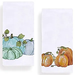 Secarond Fall Pumpkin Kitchen Dish Towel 18 x 28 Inch Set of 2, Autumn Harvest Thanksgiving Pumpkins Farmhouse Holiday Tea Towels Dish Cloth for Cooking Baking