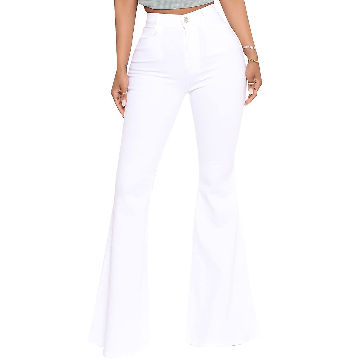 Women's Bell Bottom Jeans for Women High Waisted Flare Jeans Womens Ripped Stretchy Bell Bottoms Pants(White, US 12)