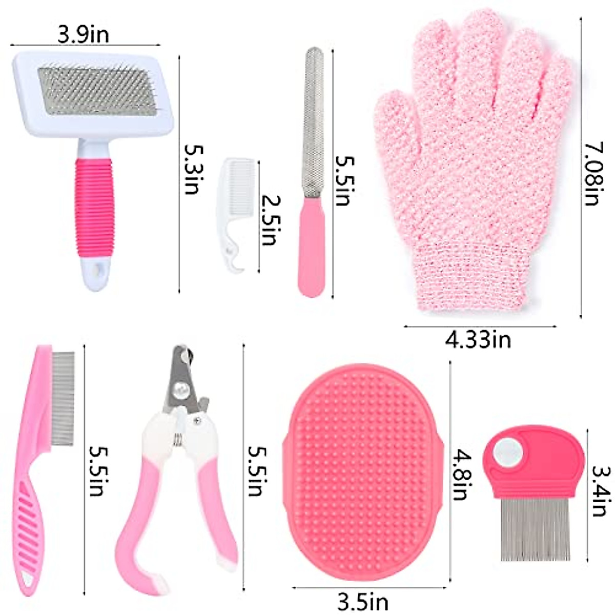 VCZONE 8 Pcs Small Animal Pink Grooming Kit, Rabbit Grooming Kit with Pet Nail Clipper and File, Flea Comb, Pet Shampoo Bath Brush , Pet Shedding Slicker Brush, Bath Massage Glove, Cleaning Comb (Pink)