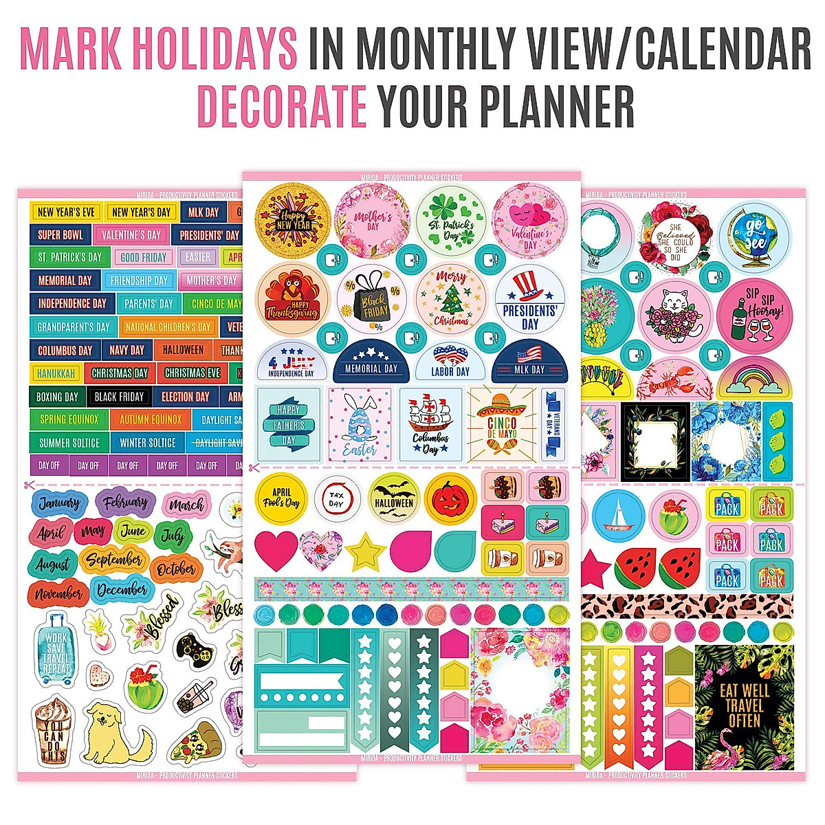 Mirida Planner Stickers – 1700 Productivity Mini Icons for Adults Calendar – Work, Daily To Do, Budget, Family, Holidays, Journaling – Variety Pack with Monthly Tabs