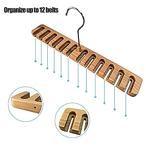 Hlimior Belt Hanger for Closet,2 in 1 Wooden Wall Mount 14 Belts Organizer Through-The-Wall Nails,Belt Rack 360°Swivel Hook,Tie and Belt Organizer Display for Closet,Door,Wall,1 Pack