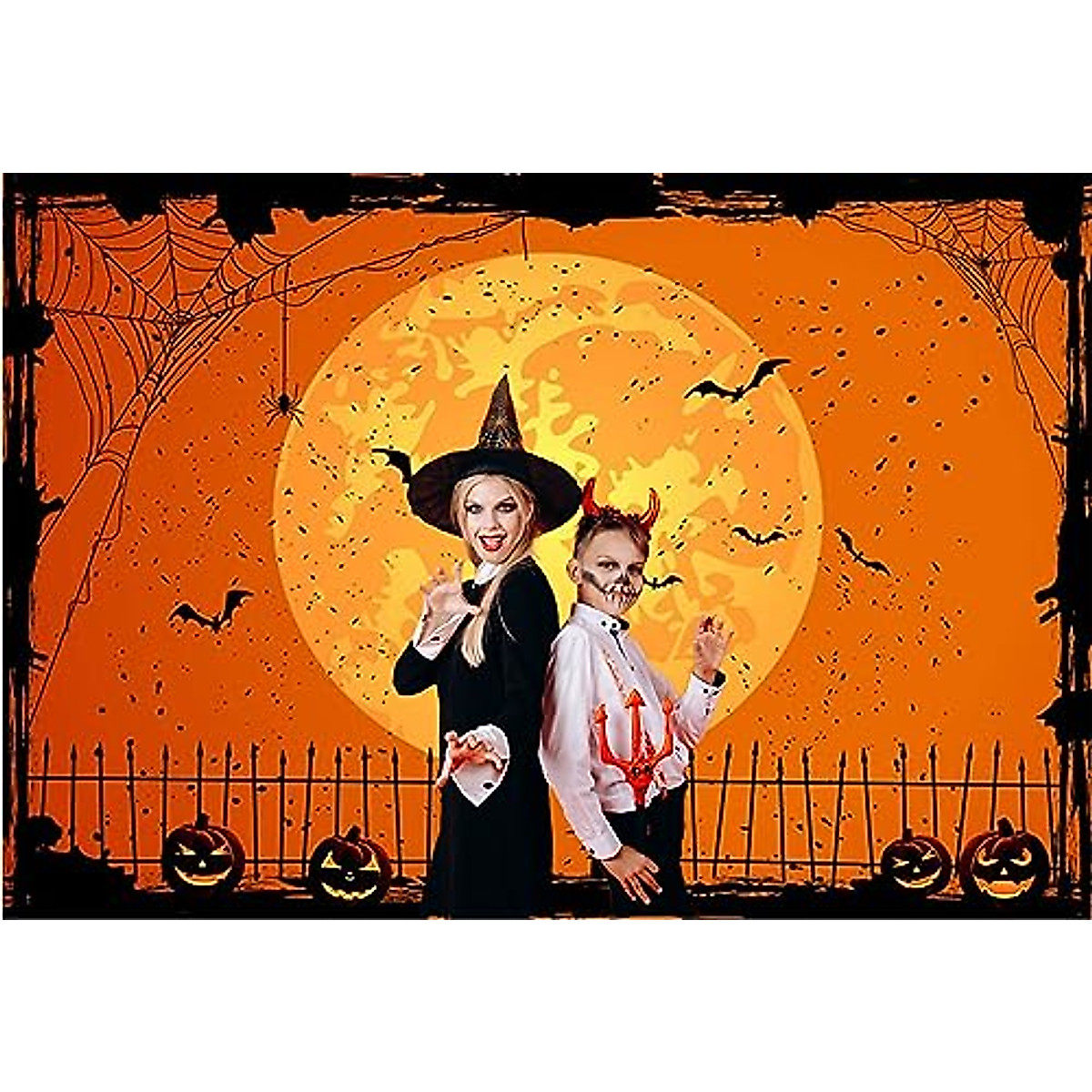CHAIYA 7x5ft Happy Halloween Backdrop Jack O'Lantern Pumpkin Lantern Orange Night Moon Bat Spider Web Graveyard Fence Photography Background CY-126