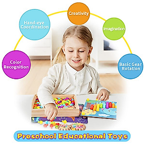 KUSARKO Wooden Peg Board Toys, 2 in 1 Color Matching Mosaic Pegboard, Button Art Toys for Toddlers, Early Learning Educational Toys for Boys & Girls (180 Pcs)