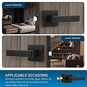 2 Pack Door Lever with Privacy Lock Square Heavy Door Handle Ideal for Bathroom and Bedroom Matte Black Finish Fits Right and Left Handed Doors