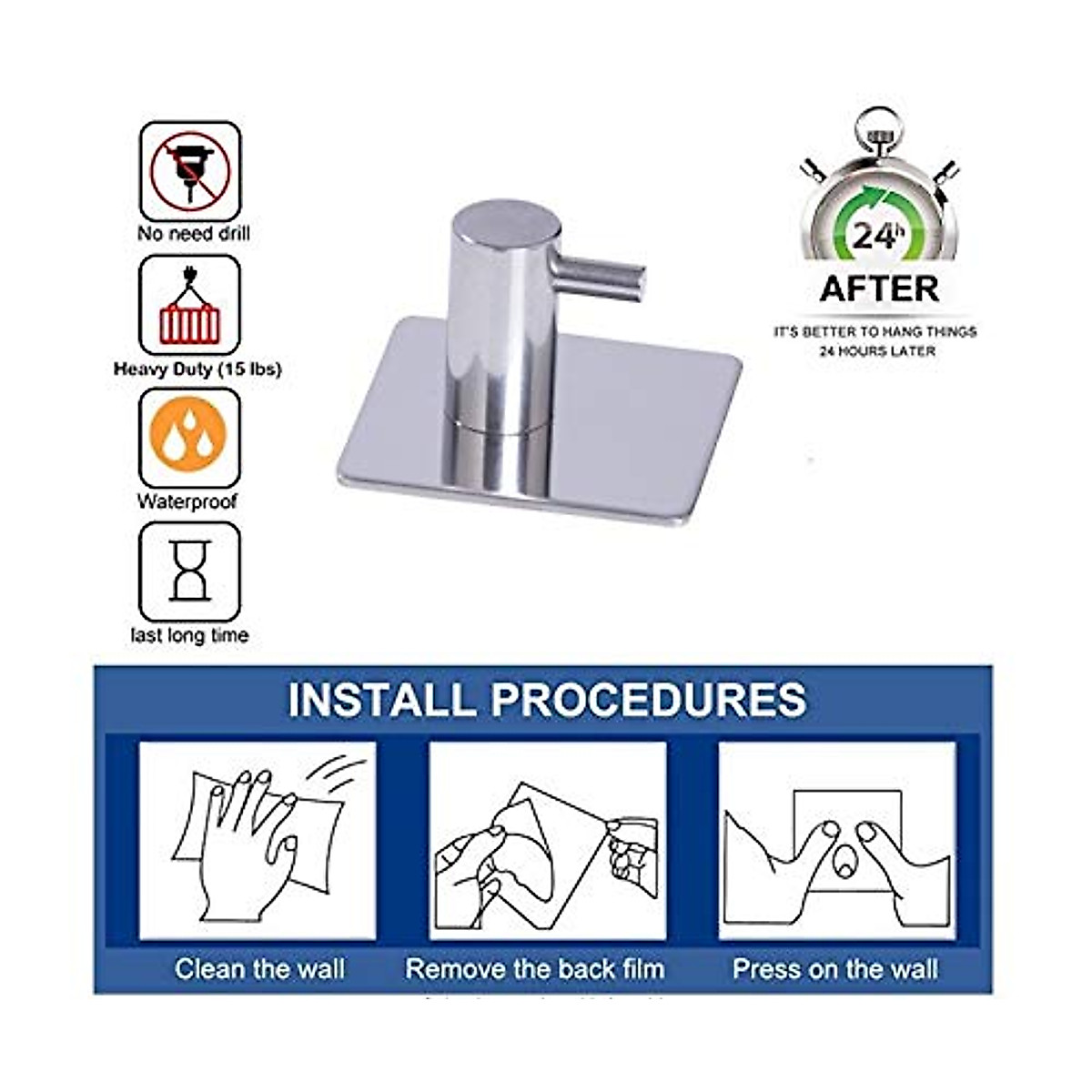 3m Hooks Adhesive Hook Heavy Duty Wall Hook Waterproof Stainless Steel Hook, Suitable for Hanging Coat, hat, Towel Robe Hook Wall Hanging - 4 Pieces for Bathroom and Bedroom