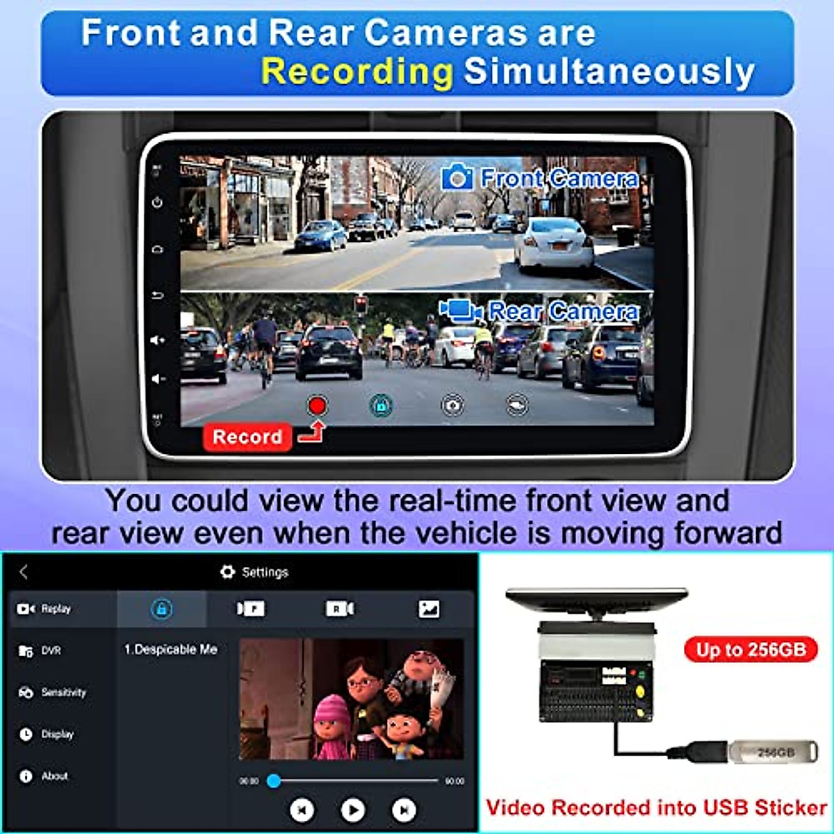 Adjustable Android 10 Car Stereo Wireless CarPlay & Wired Android Auto Single Din 10 Inch Car Radio with Front Camera & Backup Camera - Live Stream Rear View, 2G+32G GPS Navigation Bluetooth AM/FM