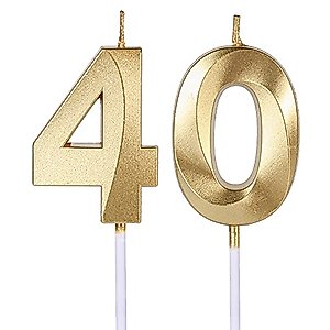 Gold 40th Birthday Candles for Cakes, Number 40 4 Glitter Candle Cake Topper for Party Anniversary Wedding Celebration Decoration