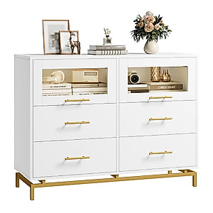 HITHOS White Dresser, 6 Drawer Double Tall Dresser for Bedroom with Fluted Glass Door, Wide Wood Chest of Drawers, Modern Gold Storage Dresser with Sturdy Metal Base for Living Room, Entrway, Hallway