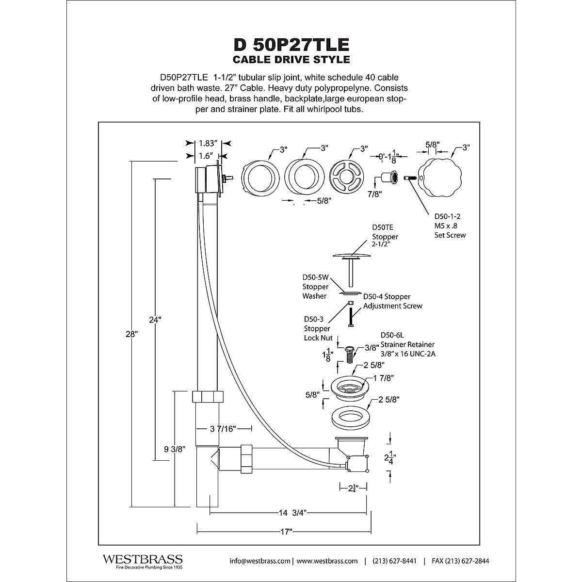 Westbrass D50P27TLE-12-12 27" Cable Drive Standard Bath Drain Trim Kit with Rotary Overflow Cover Knob, Pop-Up Stopper and Poly Tubular Pipes & Fittings, Oil Rubbed Bronze (12-Pack)