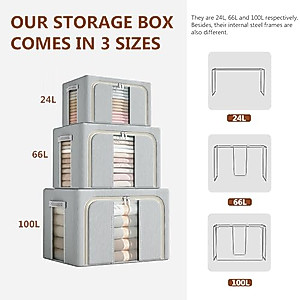 VAN CADENE 66L Clothes Storage Bins Metal Frame Clothes Storage Organizer Bedding Storage Bags with Zipper and Clear Windows, Oxford Closet Organizers and Storage Boxes (3 Pack)
