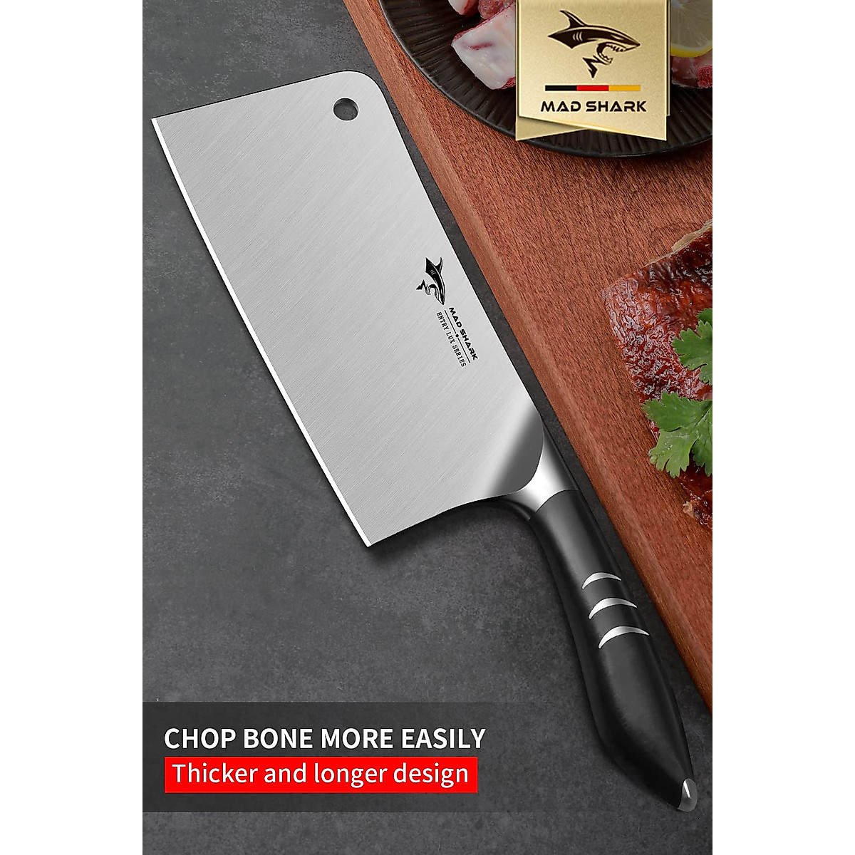MAD SHARK Meat Cleaver Knife, German Stainless Steel Professional Butcher Chopper 7.5 Inch, Stainless Steel Handle, Heavy Duty Blade for Home Kitchen and Restaurant