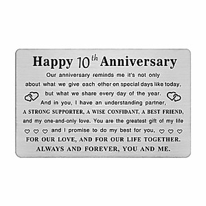 TGCNQ Metal Engraved 10 Year Anniversary Card, 10th Anniversary Card Gifts for Husband Wife Him Her, 10 Year Wedding Anniversary Decorations