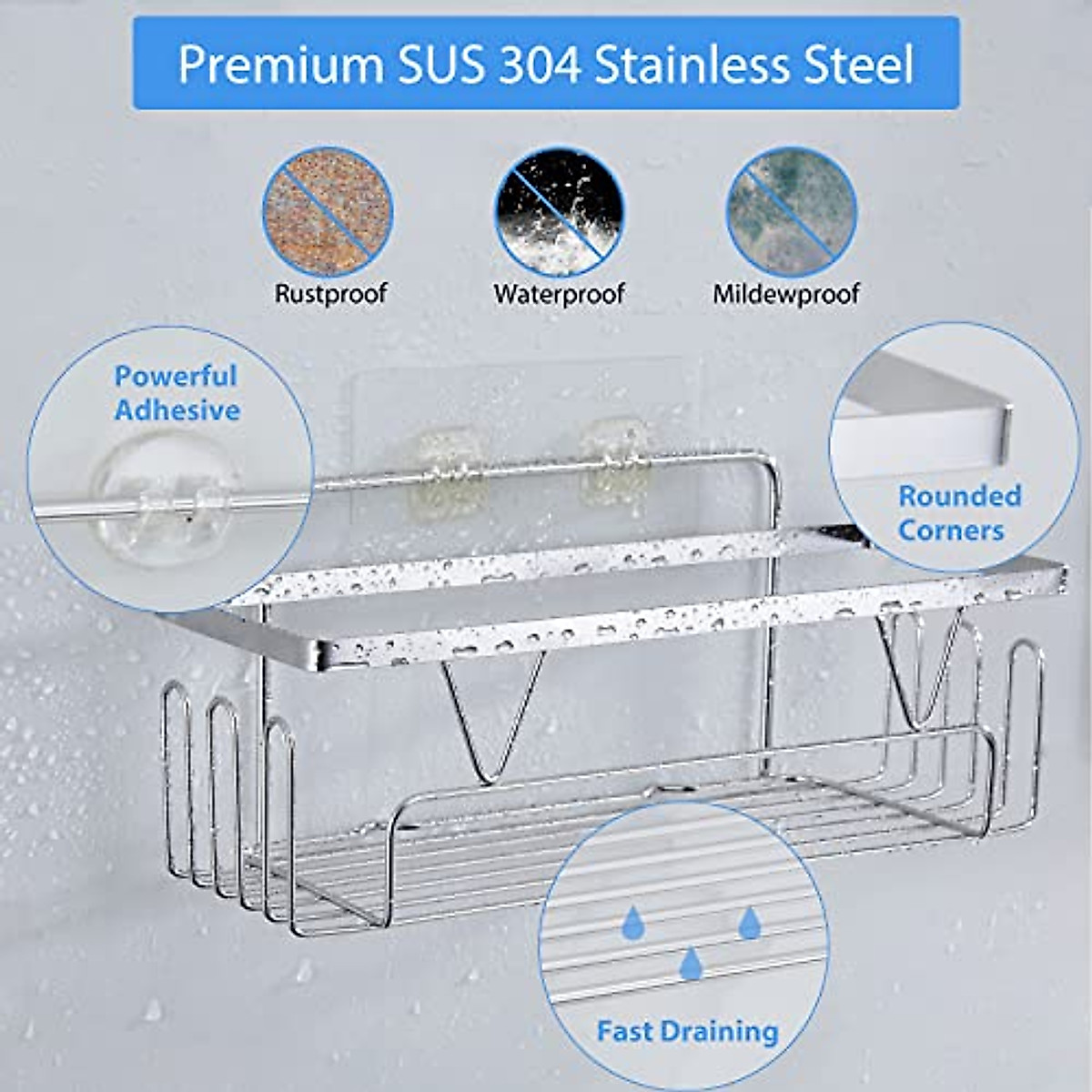 AURIKAR Shower Caddy Adhesive Shower Organizer Rack with Hooks, No Drilling Stainless Steel Wall Hanging Shower Shelf for Inside Shower Bathroom Restroom Storage, Silver 2-Pack