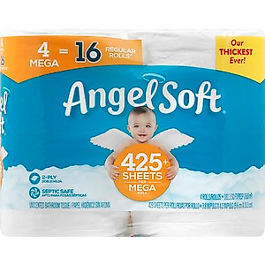 Angel Soft® Toilet Paper, 4 Mega Rolls = 16 Regular Rolls, 2-Ply Bath Tissue