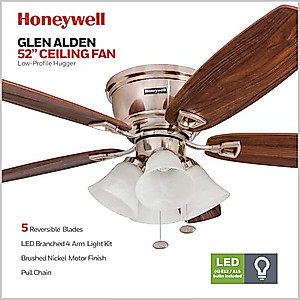 Honeywell Ceiling Fans Glen Alden, 52 Inch Classic Flush Mount Indoor LED Ceiling Fan with Light, Pull Chain, Quick-2-Hang Dual Finish Blades, Reversible Motor - 50182 (Brushed Nickel)