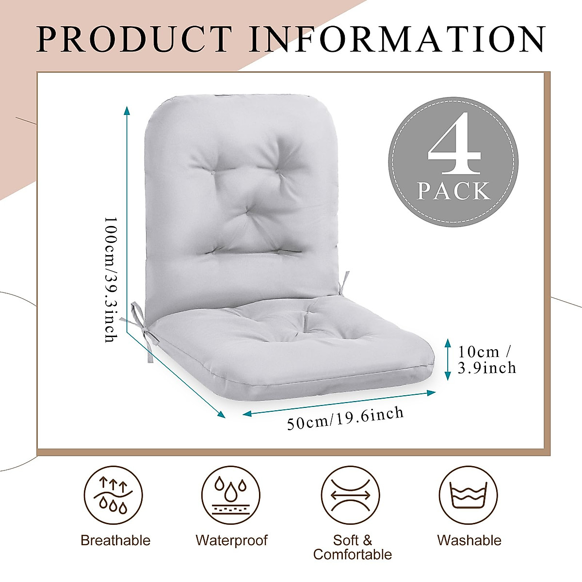 Chunful Tufted Back Chair Cushion Indoor Outdoor Weather Resistant Swivel Rocker Patio Chair Cushions for Outdoor Furniture(Light Gray,4 Pack)