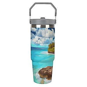 RTFGHJS Caribbean Scenery 30 Oz Tumbler with Handle And Flip Straw, Stainless Steel Vacuum Insulated Travel Mug, Thermal Cup for Coffee, Water, Iced Drinks, Fits Car Cup Holders (Home, Sports)