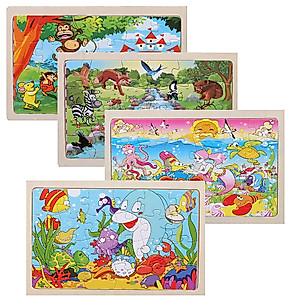 24 Pieces Wooden Puzzles for Kids Ages 3-8 Preschool Educational Learning Animal-Marine World Jigsaw Toy for Boy and Girl Gift (4 Puzzles)