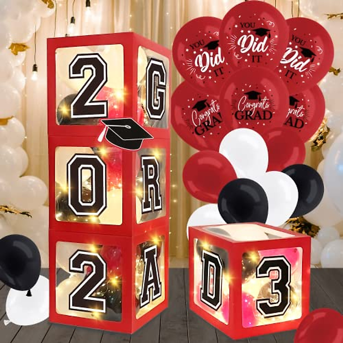 DAZONGE Graduation Party Decorations 2023 - Set of 4 Red Balloon Boxes with 40 Latex Graduation Balloons & 4 Light Strings - So Proud of You Graduation Decorations for Any Grades Ceremony