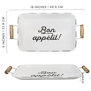 AuldHome Enamelware Bon Appetit Tray (White); Distressed Farmhouse Style Metal Decorative Serving Platter