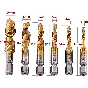 6Pcs M3 M4 M5 M6 M8 M10 Coated HSS Spiral Flute Metric Taps Set Metric Thread Tap Drill and Tap Bits 1/4" Hex Shank Screw Taps Tool Set
