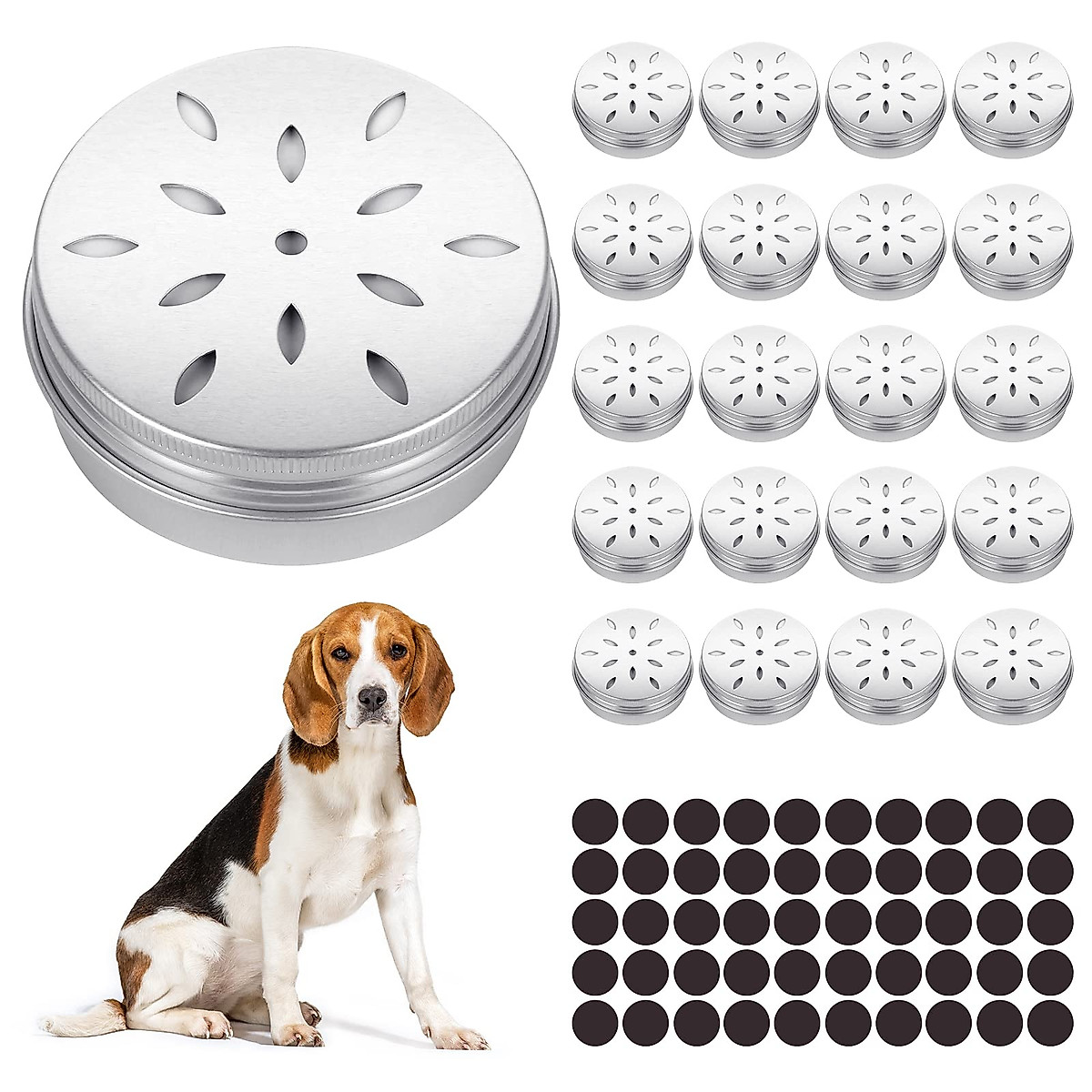VAIPI 20 Pack Dog Scent Work Tins Dog Nose Training Containers Kit with 50 Magnetic Dots 2 OZ Aluminum Smell Training Box with Hollow Lids Round Refrigerator Deodorant Box with Screw Lid