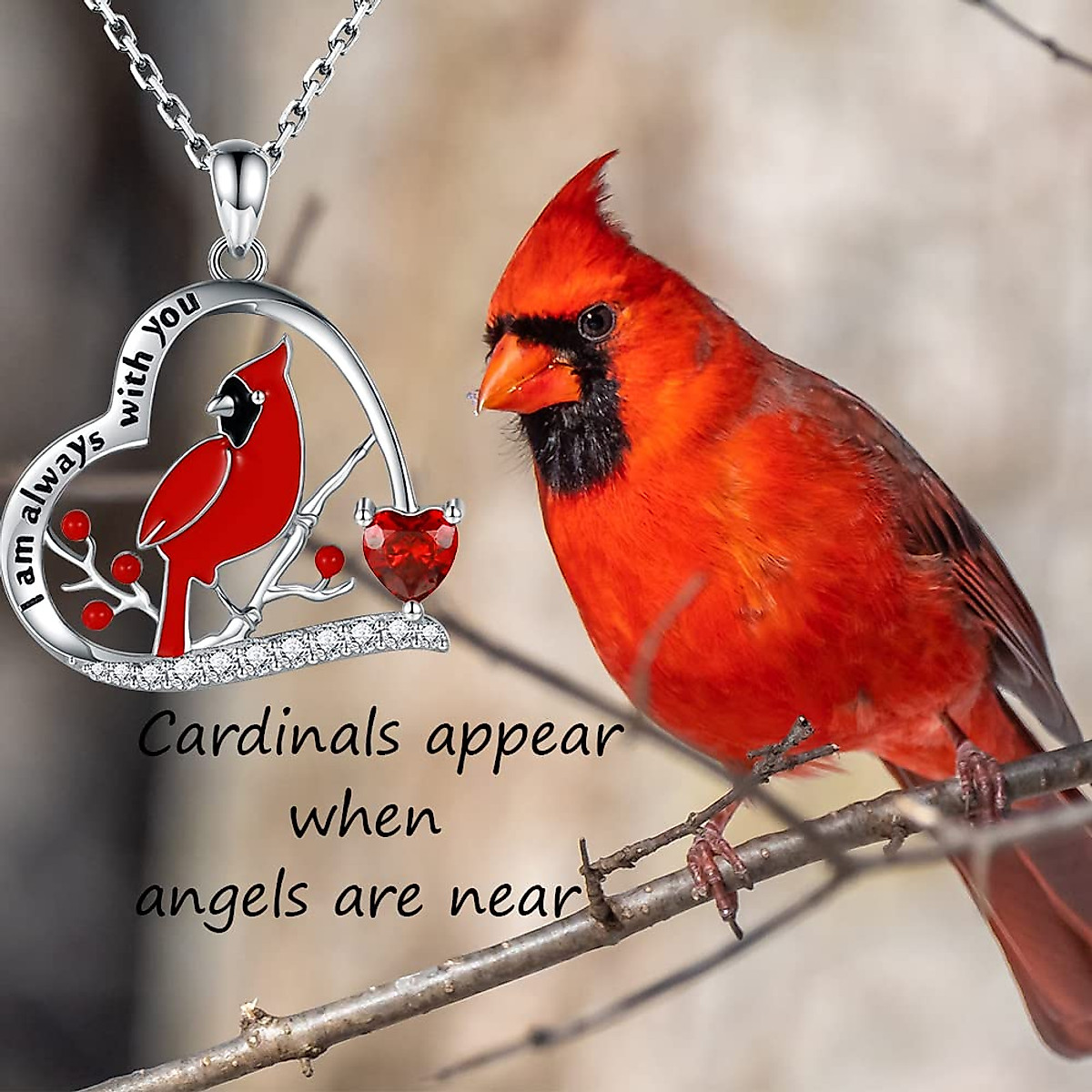 Red Cardinal Necklace 925 Sterling Silver I am Always With You Memorial Pendant Jewelry Gifts for Women (01 Red Heart Cardinal)