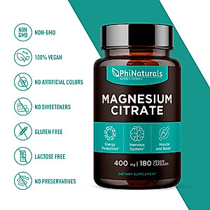 Magnesium Citrate Powder Capsules 400mg - 180 Count Veg Caps - PhiNaturals Supplements - Nervous System Support and Enzyme Function