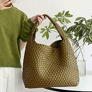 Doxwater Women Vegan Leather Hand Woven Tote Handbag Large Capacity Shoulder Top-handle Bag All-Match Underarm Bag with Purse