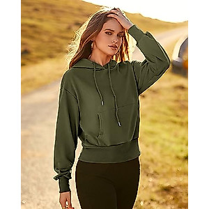 BTFBM Women's Casual Long Sleeve Cropped Hoodies Pullover Fall Winter Fashion Drawstring Sweatshirts Tops Pockets(Solid Army Green, Large)
