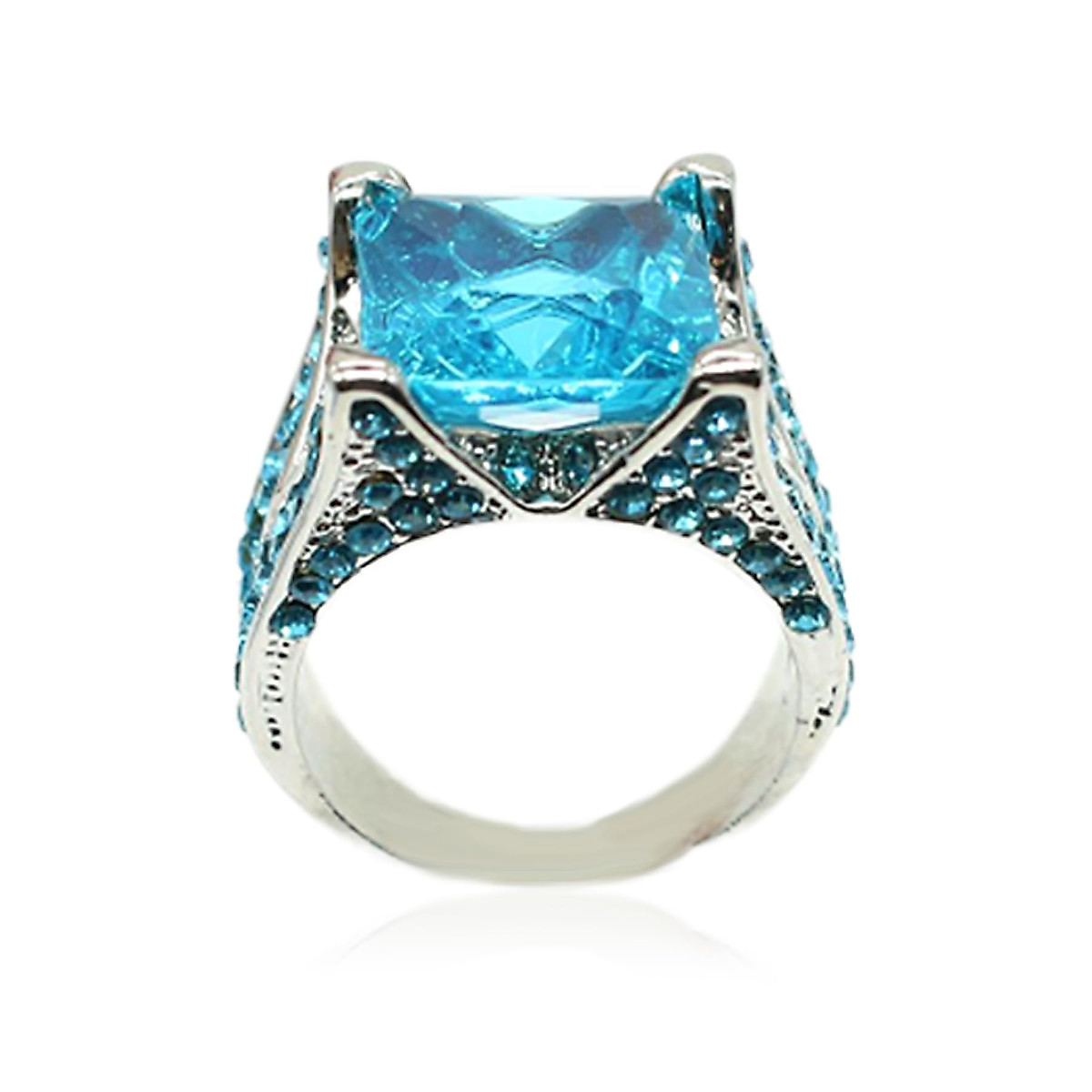 HSQYJ Luxury Big Square Blue Crystal Wedding Ring Zirconia Rhodium Plated Cocktail Ring Exaggeration Engagement Charm Statement Jewelry Finger Rings for Women Gift