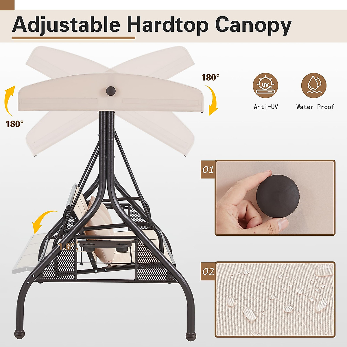 HOMREST Outdoor Porch Swing with Adjustable Canopy, Backrest, 3-Person Patio Canopy Swing Textilene Bed with Side Cup Holder, Pillow for Garden, Deck, Back Yard, Lawn (Khaki)