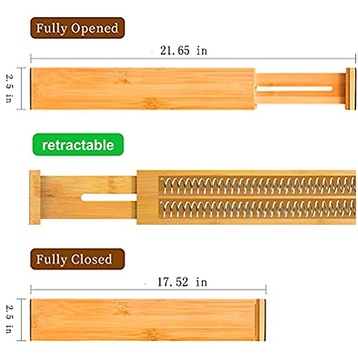 6 Pack Adjustable Bamboo Drawer Dividers Organizers, Spring Loaded Drawer Separators - Expandable Drawer Organization Separators for Kitchen, Dresser, Bedroom, Baby Drawer, Office (17.5-22 inch)