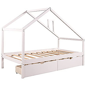 YuiHome Wooden Daybed for Kids Teen, Twin Size House-Shaped Daybed with Two Pull-Out Drawers and Roof, Can be Decorated,White