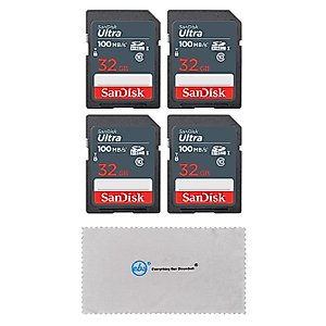 SanDisk 32GB Ultra (4 Pack) UHS-I Class 10 SDHC Memory Card, Retail Packaging - with (1) Everything But Stromboli (tm) Microfiber Cloth
