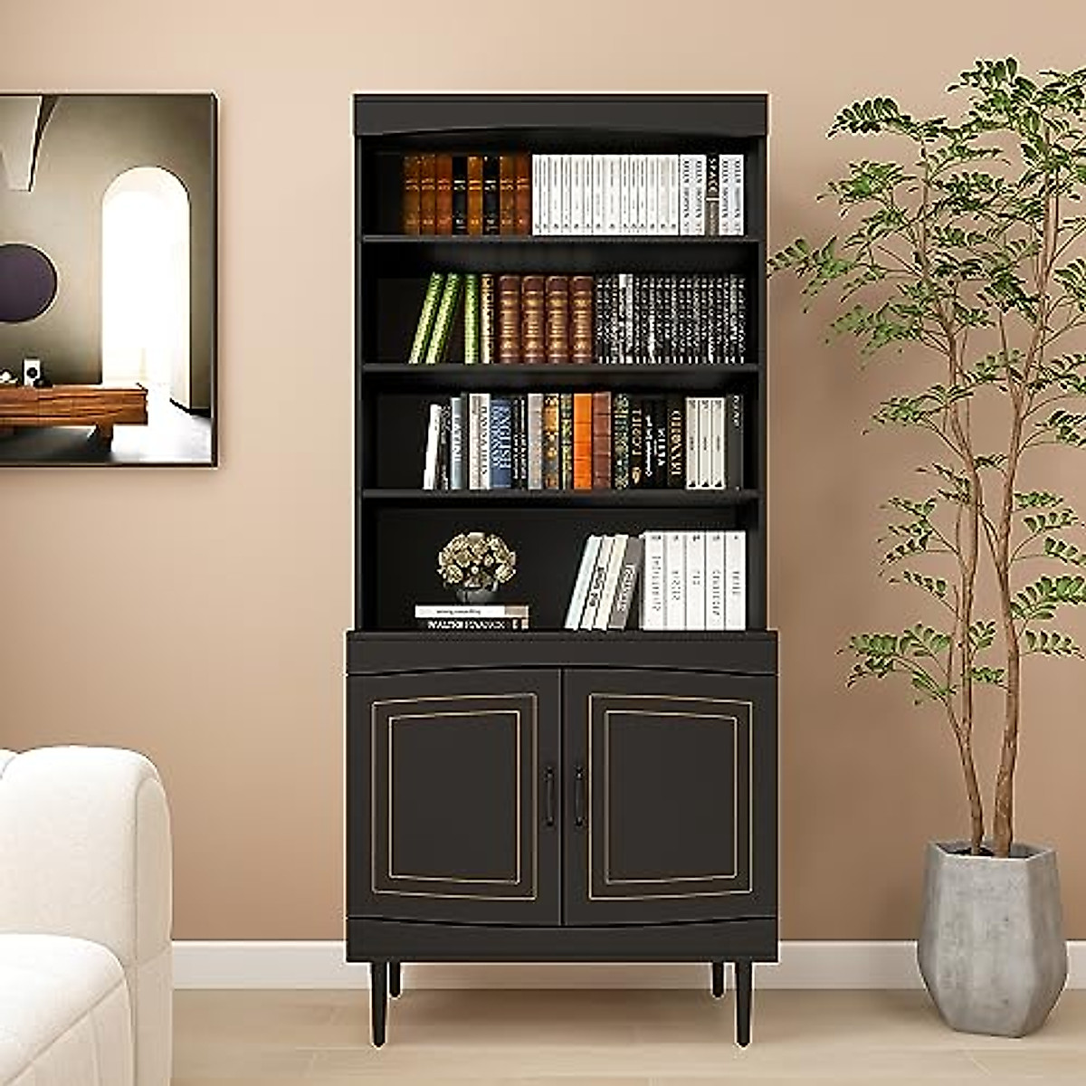 QEIUZON 6-Shelf Bookcase, Bookshelves Floor Standing Display Storage Shelves Bookcase Home Decor Furniture for Home Office, Living Room (Black)