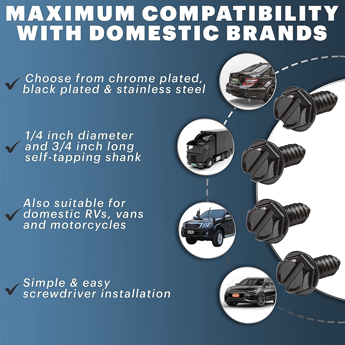 License Plate Screws with Rustproof Finish - License Plate Screw Kit for Front & Rear Plates - License Plate Bolts for Domestic Vehicles - Stainless Steel Screws for License Plates (4-Pack, Black)