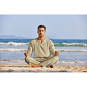 COOFANDY Men's 2 Pieces Cotton Linen Set Henley Shirt Long Sleeve and Casual Beach Pants Summer Yoga Outfits