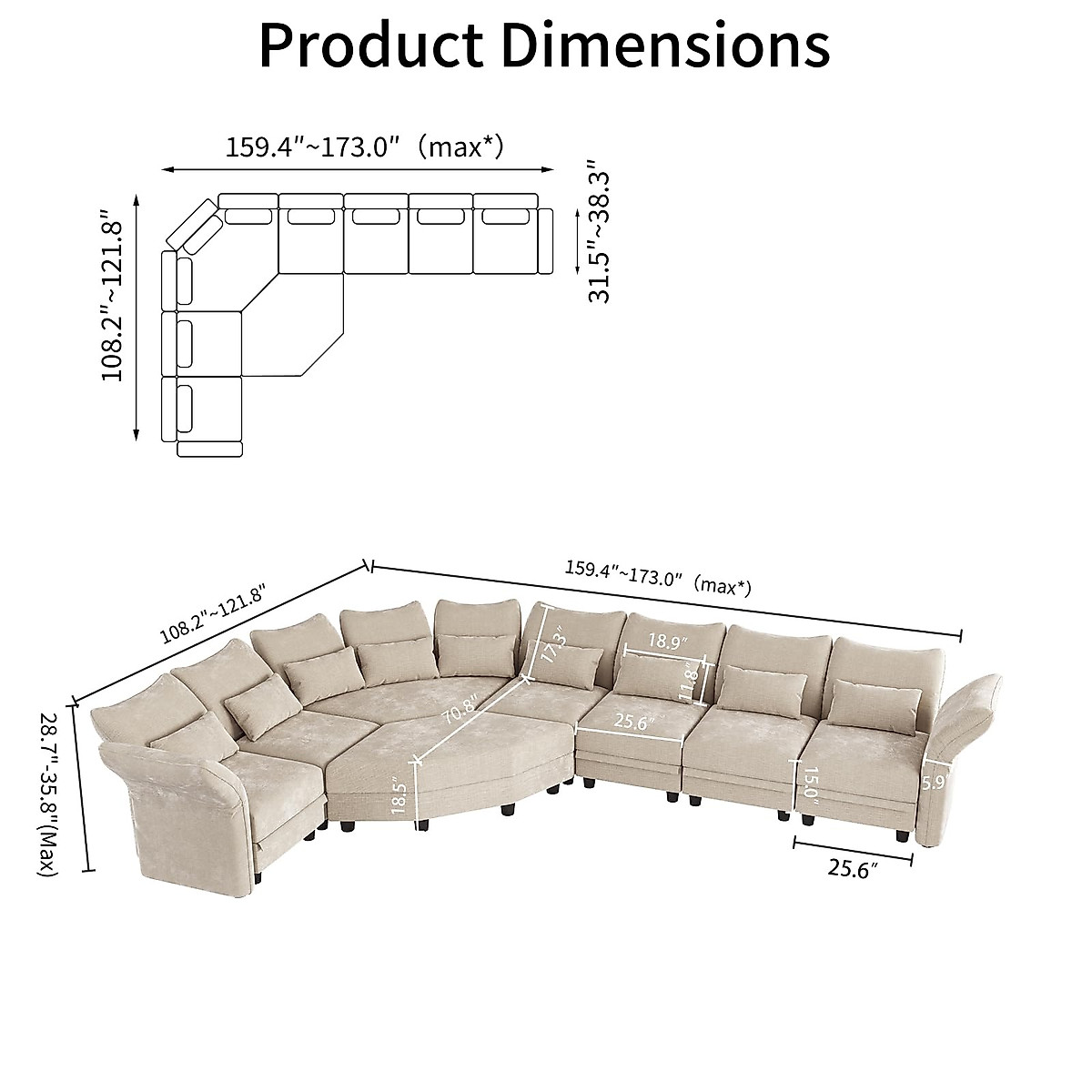 LLappuil 173" L Shaped Sectional Sofa Corner Modular Couches with 2 Diamond Ottoman, 8 Seats Chenille Sectional Couch with Adjustable Armrest Backrest, Khaki