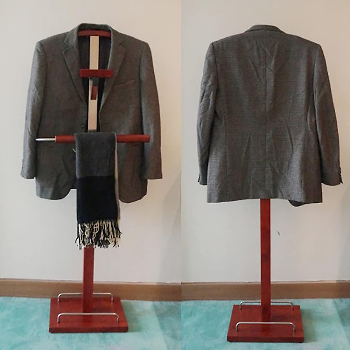 KARMIO Suit Valet Stand with Pant Bar Clothing Valet Rack with Small Tray Wood Freestanding Valet Rack for Women and Men,Used in Entryway Office Living Room