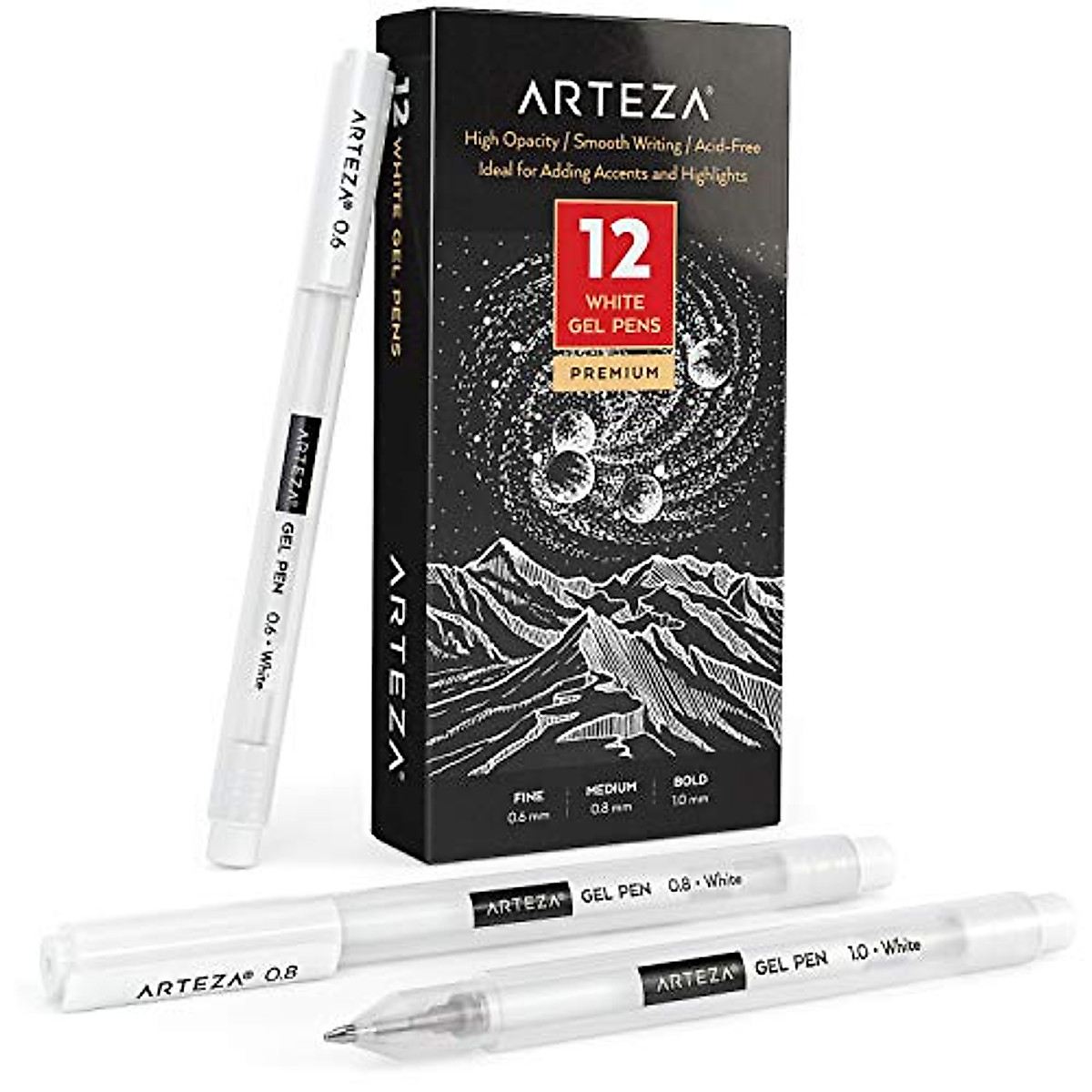 ARTEZA White Gel Pen Set, Pack of 12, White Gel Pens for Artists with 0.6mm, 0.8mm, and 1.00 mm Nibs, White Rollerball Pens for Writing, Drawing, Taking Notes & Sketching