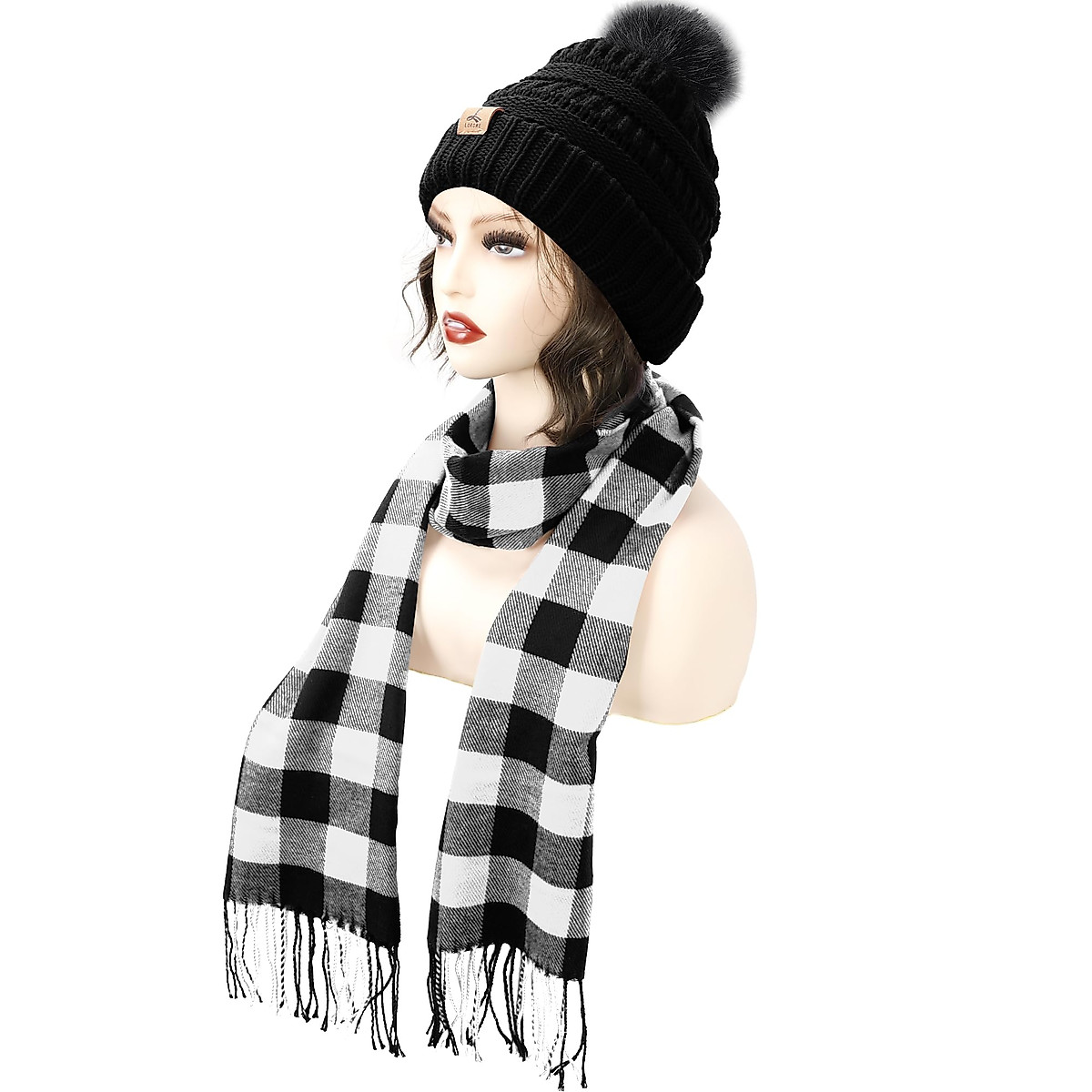 Winter Hat Scarf Gloves and Ear Warmer, Knit Warm Beanie Hat Touch Screen Gloves Long Knitted Plaid Scarf Set Gifts for Women Black