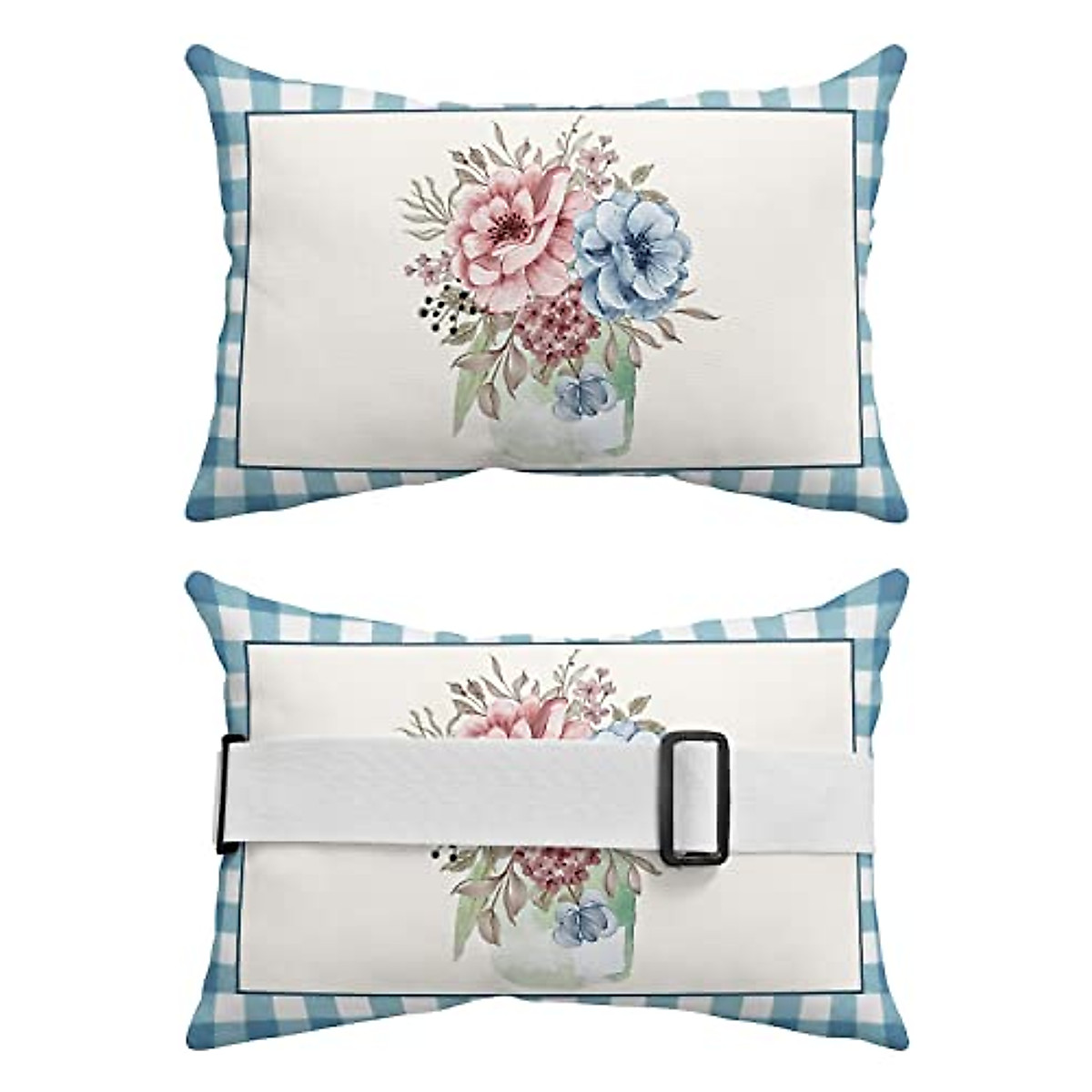 Prime Leader Recliner Head Pillow Ledge Loungers Chair Pillows with Insert Spring Pink Blue Flower Blue White Buffalo Plaid Lumbar Pillow with Adjustable Strap Outdoor Waterproof Patio Pillows, 2 PCS