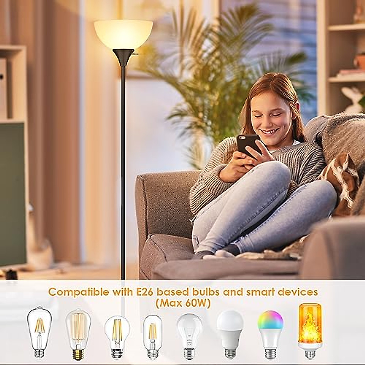 Coucrek Floor Lamp, LED Standing Lamps with White Plastic Shade, Black Modern Torchiere Floor Lamp, Tall Lamps for Living Room Dorm Bedroom Office, Rotary Switch, E26 Base, Bulb not Included