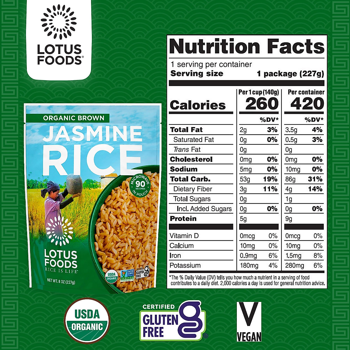Lotus Foods Organic Brown Jasmine Rice Heat & Eat Pouch - Jasmine Rice, Gluten Free Brown Rice, Organic Rice, Instant Microwave Pre Cooked Rice, USDA Organic - 8 Oz Pouches (Pack of 6)