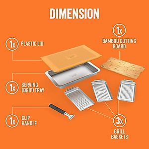 Yukon Glory™ BBQ 'N SERVE Premium Set, Includes 3 Grill Baskets, Serving Tray, Bamboo Cutting Board, Plastic Lid and Clip-on Handle