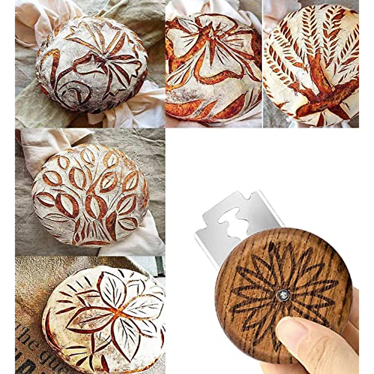 Wood Bread Lame Slashing Cutter Tool, Bamboo Hand Crafted Dough Sourdough Scoring Knife Making Slasher Lame Bread Tool for Bread Bakers with 5 Replaceable Razor Blades and Storage Cover (Sunflower)