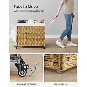 SONGMICS Laundry Hamper with Lid, 42.3 Gallons (160 L), Rolling Laundry Basket with Wheels, 3-Section Synthetic Rattan, Removable Liner, Bedroom, 27.6 x 14.2 x 26 Inches, Natural ULCB365N01